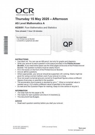OCR AS Level Mathematics A Paper 1 & 2 JUNE 2025 QUESTION PAPERS AND MARK SCHEMES