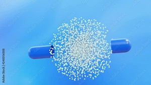 Blue capsule pills are slowly falling on a blue background. Open and out of them flies medicine. Then the capsule closes and the tablet falls further.