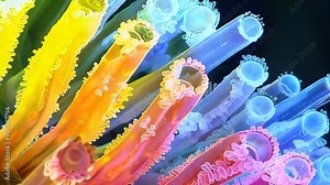 Bright coral polyps are thriving underwater, showcasing their intricate shapes and vivid colors in a diverse marine ecosystem