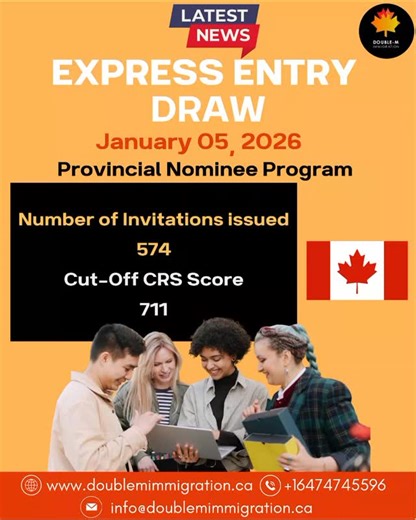 Express Entry Draw #389 – First Draw of 2026 🇨🇦 IRCC has kicked off 2026 with its first Express Entry draw, issuing 574 Invitations to Apply (ITAs) to candidates under the Provincial Nominee Program (PNP). The minimum CRS score for this draw was 711, reflecting strong competition among nominees. 📅 Draw Date: January 5, 2026 📌 Program: Provincial Nominee Program (PNP) 📊 Invitations Issued: 574 ⭐ Minimum CRS: 711 ⏱ Tie-breaking rule: October 06, 2025 at 01:54:31 UTC Stay informed and take the