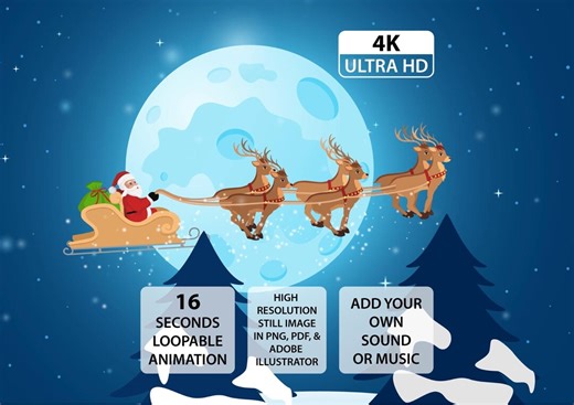 Santa Flying With His Sleigh Against a Full Moon | 4K Loopable Cartoon Animation Digital Download - Etsy