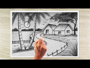 Beautiful Sunset Scenery Drawing with Pencil, Pencil Drawing for Beginners