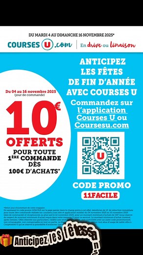 🎁 Anticipez les fêtes sans stress avec Courses U ! Plus besoin de courir dans les rayons : commandez tranquillement depuis chez vous sur CoursesU.com ou l’application Courses U, et récupérez vos achats en Drive U 🚗📦 👉 Du 4 au 16 novembre 2025 🛒 10 € offerts dès 100 € d’achats pour votre 1ʳᵉ commande 💬 Code promo : 11FACILE 😉Facile, rapide… et tellement pratique ! ✨ #CoursesU #DriveU #LivraisonU #CoursesFaciles #CoursesEnLigne #SuperUPontivy #AnticipezLesFêtes #CodePromo #BonPlan #CoursesS