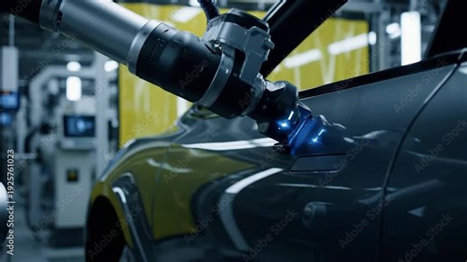 Robotic arm slowly scans car paint for defects in automated factory or Automotive robot precisely inspects vehicle body panel quality control at plant