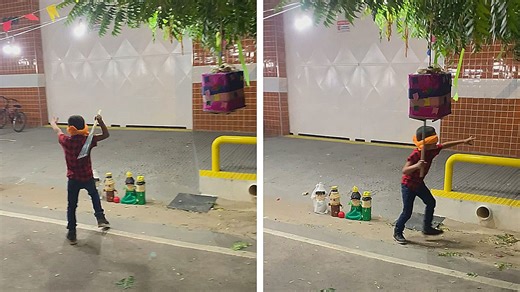 Blindfolded kid just cannot hit a piñata