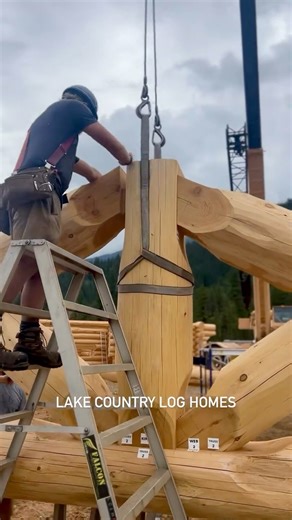 Handcrafted Western Red Cedar Log King Truss being assembled after the joinery was completed. The truss will be taken apart for transport then reassembled at the home owners building site where the engineered hardware is installed. #woodworking #logcabin #truss #logbuilding #handcraftedloghomes | Lake Country Log Homes - LCLH