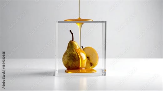 A pear and apple half encased in a glass cube, with honey pouring on it