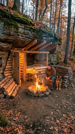 Hidden Forest Rock Shelter Build 🪵🔥