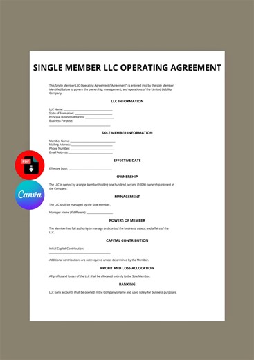 Single Member LLC Operating Agreement | Llc Contract US | Editable PDF Template - Etsy