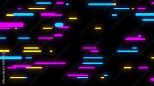 Seamless loop of 2D animation of glowing lines streaming across the screen. Glowing violet and blue sci-fi retro motion design with neon laser rays. Futuristic hi-tech background. Seamless looping