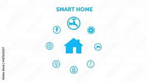 Concept of a smart home control panel, 2d animation. Home automation and remote control on blue background.