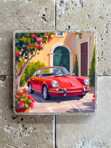 Pietra di travertino 10x10 cm – Piastrella decorativa di una Porsche 911 rossa d'epoca, stile mediterraneo floreale, supporto in sughero - Etsy Italia