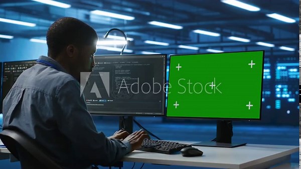 Programmer coding on isolated screen computer in data center, supervising server rows in computer network security data center. IT technician overseeing supercomputers using chroma key PC monitor
