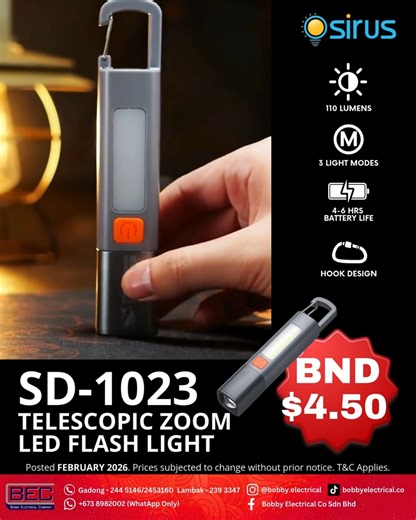 Zoom in for precision, zoom out for coverage 🔦 The SD-1023 Telescopic Zoom LED Flashlight offers flexible lighting in a compact and reliable design ✨ Visit our showroom today for viewings and get yours while stock last 😉 Contact us here: GADONG - 673 244 5146 or 673 245 3160 LAMBAK - 673 239 3347 WHATSAPP - 673 898 2002 SERVICE CENTRE - 673 879 2200 (WA ONLY) DM us on Facebook and Instagram! Facebook - @ Bobby Electrical Instagram - @ bobby.electrical Operating Hours : Monday - Saturday 8:00AM
