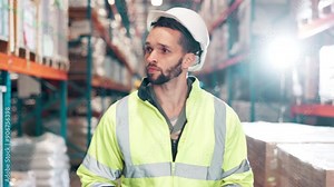 Man, tablet and inspection for logistics in warehouse with inventory checklist, supply chain and distribution safety. Person, digital and industry stock, storage service and manufacturing quality