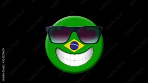Brazil.Animation of smiling face with brazilian flag, sunglasses and heart-shaped eyes.Animated Emoji. Smiley face icon animation on black background.Emoticon motion design video.