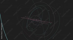Seamless loop dynamic illustration depicting multiple stars orbital pathways. The paths intertwine, creating an intricate design of lines and orbits, symbolizing atomic or molecular structures.
