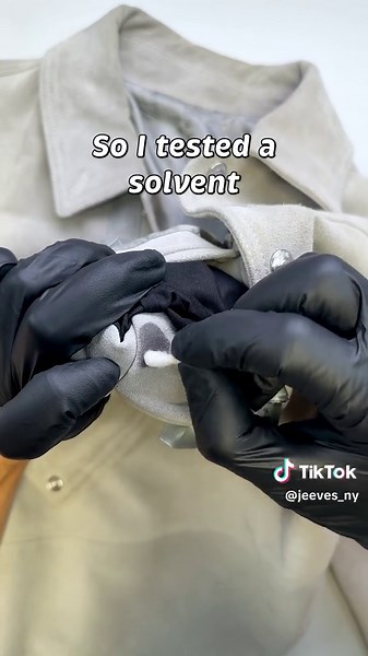 This is how a luxury dry cleaner hand cleans a @dior suede jacket. The only real issues were orange make up stains at the left chest and green stains on the cuffs. So I went to work on this piece with my suede stone and lint brush. These two did a decent job however there was some orange remaining and I wanted to get it perfect. I tested the solvent I wanted to use on the inside of the interior pocket which was very useful because it left a ring. Better there than on the front of a garment! Once