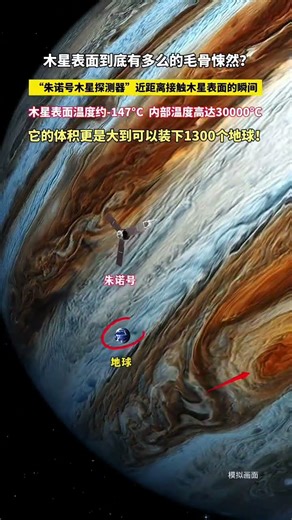 木星表面到底有多么的毛骨悚然朱诺号木星探测器近距离接触木星表面的瞬间木星表面温度约147C内部温度高达30000C它的体积更是大到可以装下1300个地球#木星表面#朱诺号探测器#地球#宇宙探寻