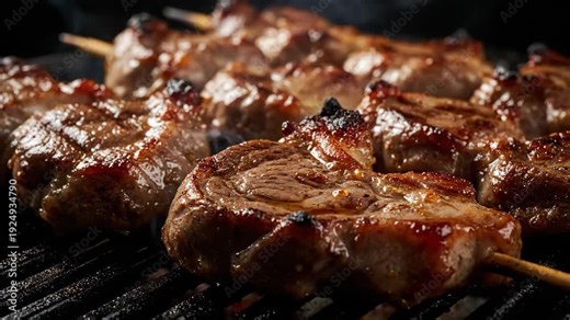 Close-up of glossy, marinated meat chops on skewers searing and smoking on a hot barbecue grill grate, showcasing juicy texture and caramelized crust.
