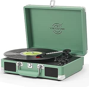 Vinyl Record Player with Built-in Speakers Treble & Bass Gain Vintage Bluetooth Turntable 3-Speed Portable Suitcase LP Player AUX-in RCA Headphone Out, Forest Green