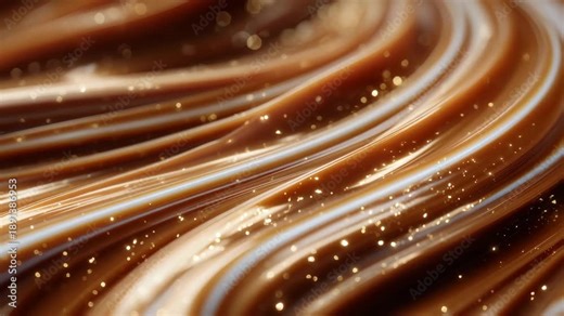 Cinematic macro view of glossy caramel sauce in motion, elegant curves and folds captured with precision, soft studio lighting creates luminous reflections, rich golden tones evoke