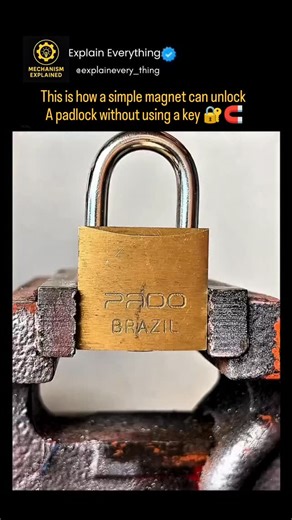 explaineverything on Instagram: "🔐🧲 This is how a simple magnet can unlock a padlock — without a key Some low-quality or old padlocks can be tricked open using a strong magnet because of how their internal mechanism is designed. 🔍 How it works (step by step): Inside a padlock are metal pins and springs that block the lock from opening. Normally, a key aligns these pins to the correct position. ⚠️ Important facts: This works only on poorly designed padlocks Modern, high-security locks use: Non