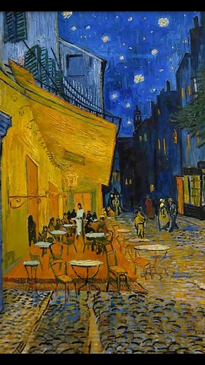 The Museum of Moving Art on Instagram: "Café Terrace at Night Vincent van Gogh 1888. Oil on canvas. In this luminous nocturne, van Gogh captures the vibrant atmosphere of a café in Arles, France, under a starlit sky. The rich interplay of warm yellows from the café’s glow and cool blues of the night evokes both intimacy and vitality. Van Gogh’s dynamic brushwork and bold color contrasts create a sense of immediacy, drawing viewers into the scene. The painting reflects the artist’s fascination wi