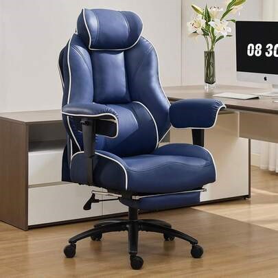 Big And Tall Office Chair 700 Lbs Extra Wide Leather Executive Chair With Retractable Footrest, Heavy-Duty Ergonomic Chair, Adjustable Height Computer Gaming Chairs Blue | SHEIN