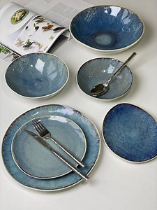 Blue Ceramic Dinnerware Set | Ocean Glaze Stoneware Plates & Bowls | Coastal Pottery Tableware | Modern Handmade Dishes | Set of 6 Items - Etsy