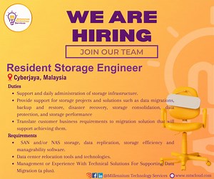 🌟 We're Hiring: Resident Storage Engineer 🌟 📍 Location: Kuala Lumpur, Malaysia 🔍 Role Summary: Join our team as a Resident Storage Engineer and ensure the smooth operation of storage infrastructure within our customers' data center environments. 🛠 Key Duties: Support and daily administration of storage infrastructure. Provide solutions for data migrations, backup and restore, disaster recovery, storage consolidation, data protection, and storage performance. Translate customer business requ