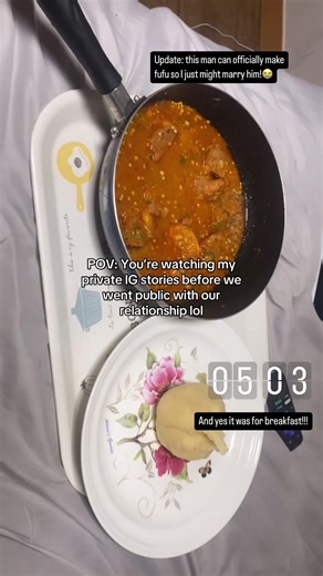 This is a throwback to when Jay made his first ‘perfect fufu’ on his own lol. He made it as breakfast for me after I had work a whole night shift, and I knew in that moment that I just might end up marrying him 😩😂 Ps: He served me in the pot he heated the food in cause that’s how we often ate lol. #jayandtracy #relationshipgoals #relateable #african #food