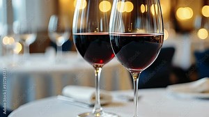 Two glasses of red wine sit on a white tablecloth in a beautifully lit restaurant, creating a warm and intimate atmosphere.