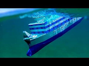 Estonia sinking 1994, cardboard model of ferry ship sinking in storm, underwater footage