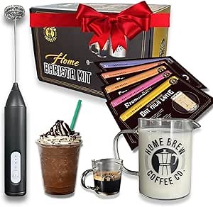 Fancy Coffee Drinks: Home Barista Kit for Coffee Bar; Coffee Gift Set - Lattes, Macchiatos, Frappes - Includes Premium Coffee Recipes, Rechargeable Frother Wand, Espresso Glass, Frothing Pitcher