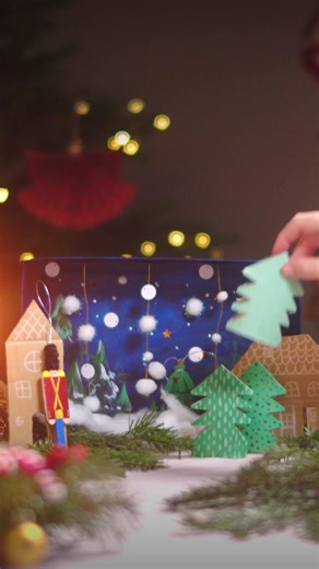 DIY // Christmas landscape made of recycled cardboard // Create an enchanting Christmas landscape with recycled cardboard decorated with paint and ornaments. "It looks like a true Christmas fairy tale," the nephew says with excitement. Find the guide for this DIY project on the sisters’ website https://sostrenegrene.com/ie/diy | Søstrene Grene | Facebook