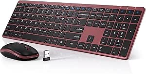 Wireless Keyboard and Mouse, Ultra Slim Silent Keyboard with Responsive & Low Profile Keys, Tilt Angle, Sleep Mode, 2.4GHz USB Cordless Mouse Combo for Computer, PC, Chromebook - Trueque (Wine Red)