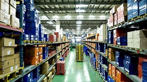 A spacious warehouse displays organized rows of colored storage boxes and equipment. Workers manage inventory efficiently throughout the aisles, demonstrating streamlined logistics processes.