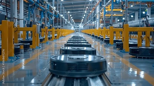 Robots transport items along a production line in a factory. Workers monitor the process while machinery operates. The scene takes place during the day in a large facility