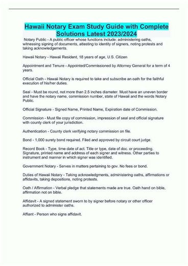 Hawaii Notary Exam Study Guide with Complete Solutions Latest 202320243102 video