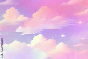 Rainbow unicorn background. Fantasy cloudy pink sky. Cute pastel vector scene with candy colors. Magic princess landscape with fairy stars and glitter.
