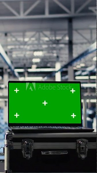 Vertical video Data center programmers deploying deep learning software on rigs using green screen laptop. Server hub coworkers train AI systems with datasets using mockup notebook to support
