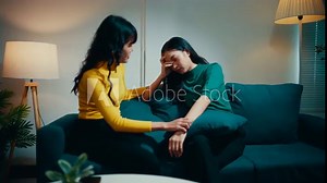 Young woman comforts her sad friend by listening to her problems and offering a warm hug. Support and empathy shine through as they share a moment of care and understanding