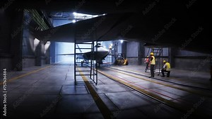 Production of military fighter jet f 22 raptor at the factory. Military factory weapon. Realistic 4k animation.