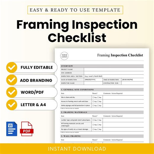 Framing Inspection Checklist Template – Word & PDF, A4   US Letter - Etsy Australia