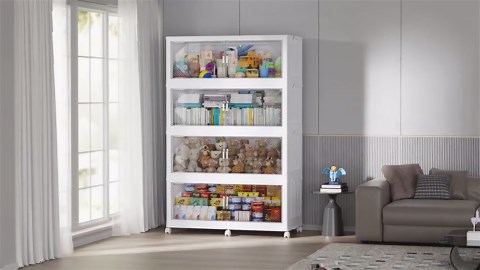 Broview V60 140Gal Extra Large Stackable Storage Bins with Lid, 560QT Plastic Containers With Drawers, Folding Closets with 6x Wheels, Collapsible Cabinets Organizers for Home Office, 4Pack White