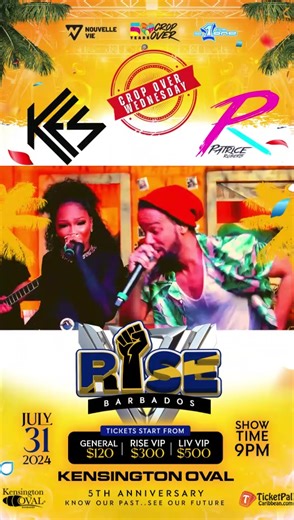 If it's one Colab... You can't miss it's.. Kes and Patrice on one big stage in Barbados. In fact, NOTHING else can make you feel like this! Just like this🎵 RISE WEDNESDAY is a celebration🎊 Be part of History CHOOSE your RISE EXPERIENCE 🗓 Crop Over Wednesday, July 31,2024 📍 Kensington Oval -------------------------- 🎖 RISE GENERAL $120BBD | $60USD 🥂 RISE VIP $300BBD | $150USD 🍾 LIV VIP $500BBD | $250USD All Ticketpal Caribbean Outlets 📌 Check pinned post in feed. Available online from; 🌎