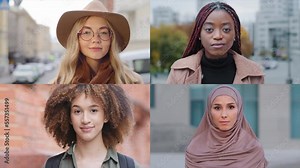 Split screen collage close-up beautiful pretty diverse young women looking at camera multiethnic different females businesswomen colleagues students posing outdoors beauty cosmetic service advertising
