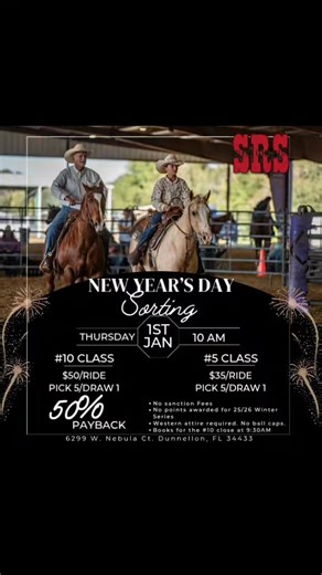 🎉 Don’t miss our New Year’s Day Sorting! 🎉 Kick off 2026 the best way—in the pen with your crew at Southern Ranch Sorting! 🗓️ New Year’s Day at the Running K Livestock Arena ⏰ Start time: 10:00 a.m. ✅ First up: #10 class ➡️ Following the 10: #5 class 🐴 All riders welcome! 🍔 Food on site 🚐 Stalls & RVs available Take a look at the flyer for all the details. ❗ Note: This event is NOT part of the 25–26 SRS Winter Series. Questions? Reach out to Heather 570-497-7829! | Southern Ranch Sorting