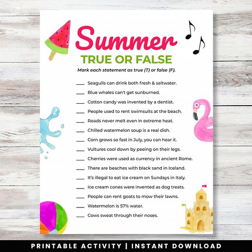 Summer Trivia Game Printable | Fun Summer Party Game for Families, Kids, Beach, BBQ, Pool, Classroom, Birthday | True or False Summer Quiz - Etsy